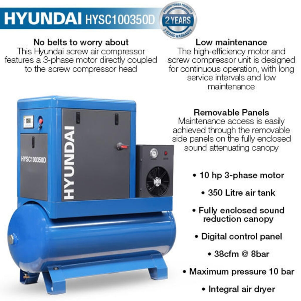 Hyundai HYSC100350D 10hp 350 Litre Screw Compressor With Dryer - Tools4Sale